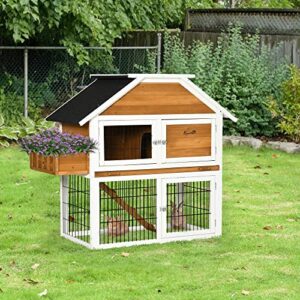 PawHut Rabbit Hutch Outdoor for 2 Rabbits, Wooden Rabbit Cage with Flower Bed, Removable Tray, Ramp