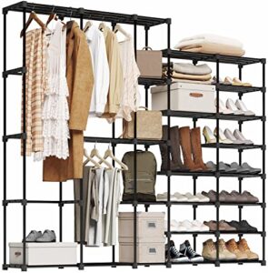 unitstage portable closet wardrobe freestanding closet organizer with shoe rack for hanging clothes 77.4x11.8x66 inches for bedroom living room with plastic connectors rubber hammer black