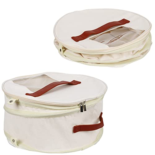 ideable creations Hat Box - Large Hat Travel Case - Collapsible cotton Hat Storage Organizer with Leather Carrying Handle - Foldable Design, Zippered Lid, Clear Window - 16x16x8 inches (ivory)