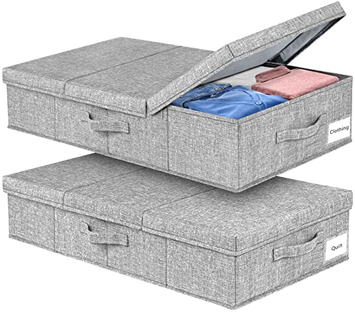 Under Bed Storage, 2 Pack Large Underbed Storage Containers with Lids, Foldable Under Bed Clothes Storage Bins with Handle, Under Bed Storage Organizer Box for Clothes Blankets Shoes Pillows (Grey)