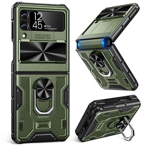 Caka for Galaxy Z Flip 3 Case, Z Flip 3 Case with Camera Cover, Hinge Protection& Kickstand with Built-in 360°Rotate Ring Stand Magnetic Protective Phone Case for Samsung Galaxy Z Flip 3 -Green