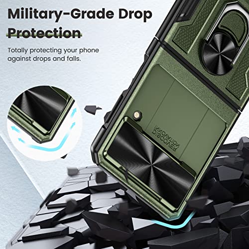 Caka for Galaxy Z Flip 3 Case, Z Flip 3 Case with Camera Cover, Hinge Protection& Kickstand with Built-in 360°Rotate Ring Stand Magnetic Protective Phone Case for Samsung Galaxy Z Flip 3 -Green