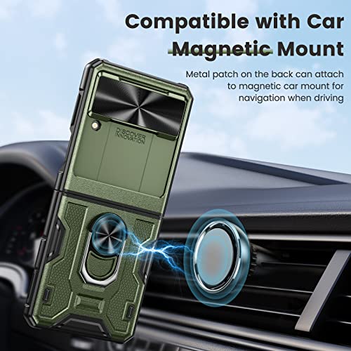 Caka for Galaxy Z Flip 3 Case, Z Flip 3 Case with Camera Cover, Hinge Protection& Kickstand with Built-in 360°Rotate Ring Stand Magnetic Protective Phone Case for Samsung Galaxy Z Flip 3 -Green