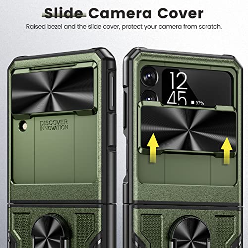 Caka for Galaxy Z Flip 3 Case, Z Flip 3 Case with Camera Cover, Hinge Protection& Kickstand with Built-in 360°Rotate Ring Stand Magnetic Protective Phone Case for Samsung Galaxy Z Flip 3 -Green