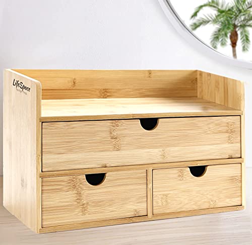 LifeSpace. Bamboo Makeup Organizer, Wooden Bathroom Counter Organizer, Vanity Wood Makeup Organizer with Drawers, Bedside Table Organizer Womens for Skin Care Cosmetics. No Assembly Required.