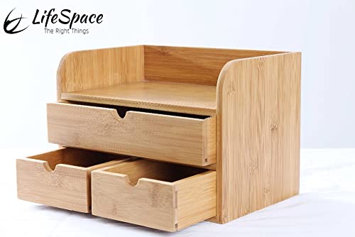 LifeSpace. Bamboo Makeup Organizer, Wooden Bathroom Counter Organizer, Vanity Wood Makeup Organizer with Drawers, Bedside Table Organizer Womens for Skin Care Cosmetics. No Assembly Required.