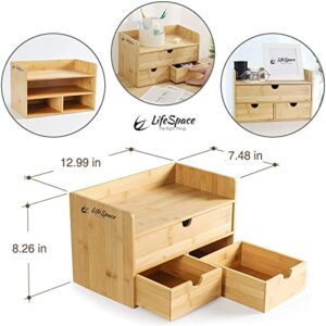 LifeSpace. Bamboo Makeup Organizer, Wooden Bathroom Counter Organizer, Vanity Wood Makeup Organizer with Drawers, Bedside Table Organizer Womens for Skin Care Cosmetics. No Assembly Required.