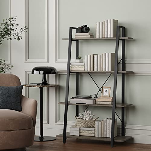 UMESONG 4-Tier Rustic Ladder Shelf Wooden and Metal Bookshelf Open Industrial Shelves Modern Leaning Bookcase Free Standing Shelving Unit for Living Room, Bedroom, Office, Kitchen (Grey)