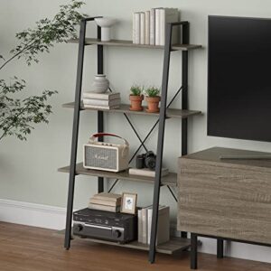 UMESONG 4-Tier Rustic Ladder Shelf Wooden and Metal Bookshelf Open Industrial Shelves Modern Leaning Bookcase Free Standing Shelving Unit for Living Room, Bedroom, Office, Kitchen (Grey)