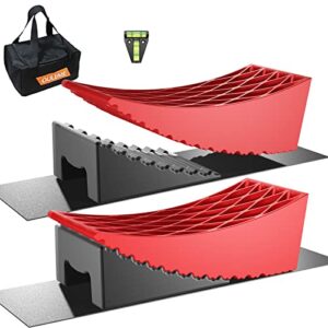 ouleme rv leveling blocks, camper leveler, 2 packs for dual axle tandem wheel travel trailer motorhome, include 2 curved leveler ramp, 2 chock, 2 rubber mat, 1 t bubble level, 1 storage bag