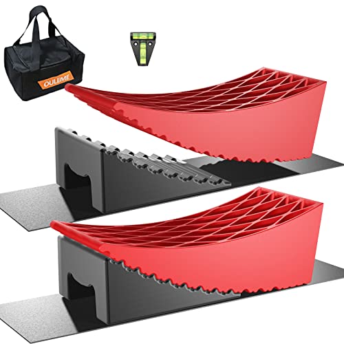 OULEME RV Leveling Blocks, Camper Leveler, 2 Packs for Dual Axle Tandem Wheel Travel Trailer Motorhome, Include 2 Curved Leveler Ramp, 2 Chock, 2 Rubber Mat, 1 T Bubble Level, 1 Storage Bag