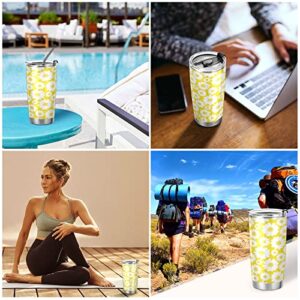 ALAZA White Daisy Flower on Yellow Insulated Travel Tumbler Mug with Lid & Straw Double Wall Vacuum Water Bottle Car Cup Stainless Steel, Hot and Cold Thermos, 20oz