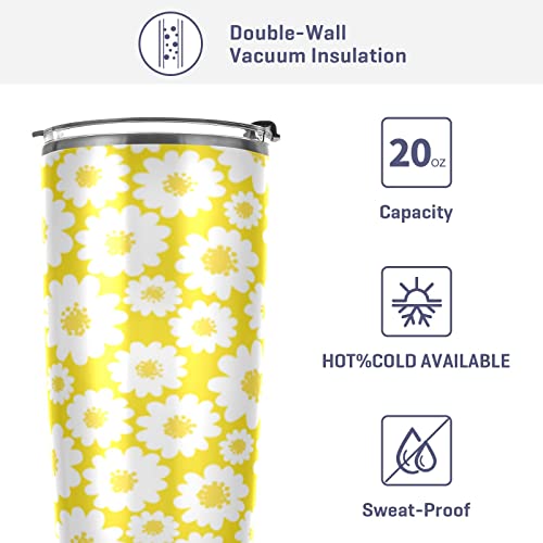 ALAZA White Daisy Flower on Yellow Insulated Travel Tumbler Mug with Lid & Straw Double Wall Vacuum Water Bottle Car Cup Stainless Steel, Hot and Cold Thermos, 20oz