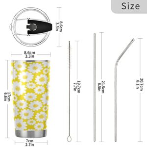 ALAZA White Daisy Flower on Yellow Insulated Travel Tumbler Mug with Lid & Straw Double Wall Vacuum Water Bottle Car Cup Stainless Steel, Hot and Cold Thermos, 20oz