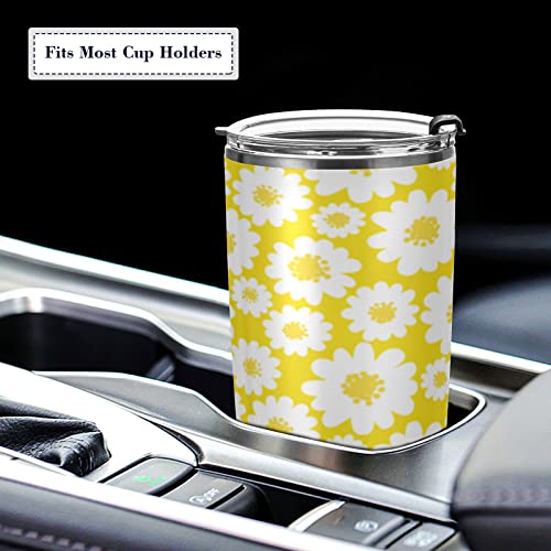 ALAZA White Daisy Flower on Yellow Insulated Travel Tumbler Mug with Lid & Straw Double Wall Vacuum Water Bottle Car Cup Stainless Steel, Hot and Cold Thermos, 20oz