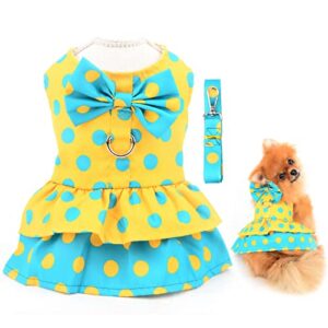 SMALLLEE_LUCKY_STORE Dog Harness Dress with Leash Set,Puppy Bow Princess Dress for Small Medium Dog Cat Girls Puppy Dress with D-Ring Female Dog Clothes Summer Pet Apparel,Yellow Retro Polka Dots,S