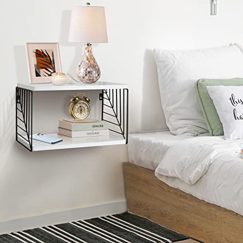 Floating Bedside Table Floating Nightstand Bedside Shelf Wall Mounted Nightstand 2 Tier Floating Wall Shelf Beside Table Floating Shelves for Wall in Bedroom, Living Room,Bathroom,Kitchen,Office,White