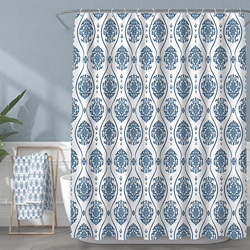 SUMGAR Boho Damask Flowers Shower Curtain Blue and White, Retro Ogee Pattern Bathroom Curtains, Classic Paisley Totem Moroccan Beach Fabric Shower Curtains Set with Hooks 72x72 Inches