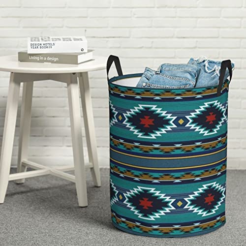 Blue Aztec Print Laundry Baskets, Canvas Fabric Laundry Hamper,Collapsible Clothes Hamper With Handles For Home,Office,Bedroom Medium