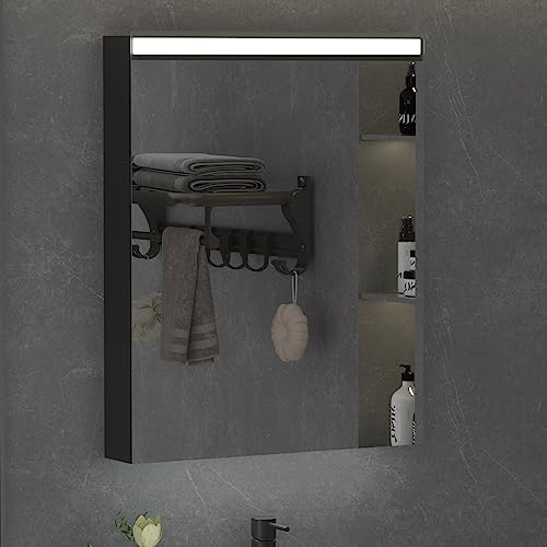 ExBrite LED Lighted Bathroom Medicine Cabinet with Mirror,24" W x 30" H Medicine Cabinet with Lights,Black Medicine Cabinet with 3-Layer Storage Shelves,Surface mounting only (Left Opening Door)