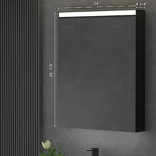 ExBrite LED Lighted Bathroom Medicine Cabinet with Mirror,24" W x 30" H Medicine Cabinet with Lights,Black Medicine Cabinet with 3-Layer Storage Shelves,Surface mounting only (Left Opening Door)