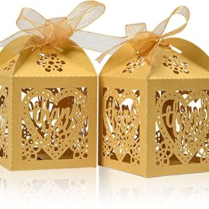 Elephant-package 25 Pcs Laser Cut Boxes (Gold), Bridal Shower Favor Boxes with Ribbon, Thank You Lace Candy Boxes, Party Favor, Wedding, Anniversary