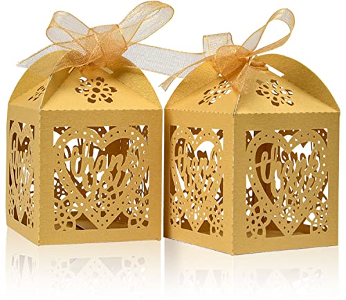 Elephant-package 25 Pcs Laser Cut Boxes (Gold), Bridal Shower Favor Boxes with Ribbon, Thank You Lace Candy Boxes, Party Favor, Wedding, Anniversary