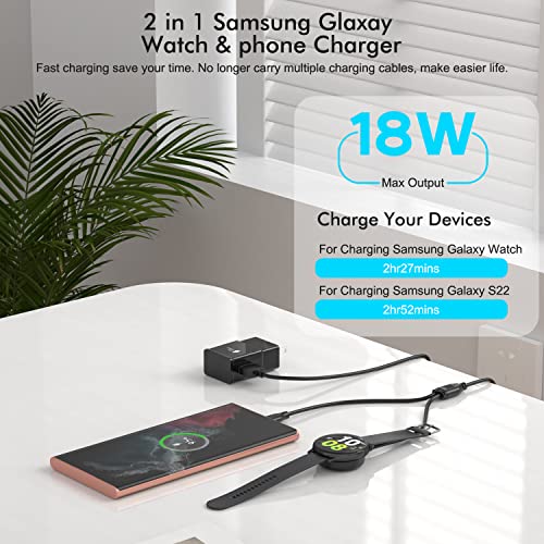 2 in 1 Samsung Watch Charger 6.6FT/2M Galaxy Watch Charger Cable With 18W USB A Fast Charger Power Adapter Plug for Samsung Galaxy Watch 5/4/3/Active 2/1,Galaxy S22/S21/S20/S10/Note 20/10/9/8,Buds,Tab