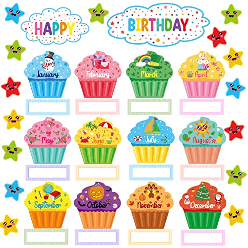 64 Pcs Happy Birthday Bulletin Board Set Bright Cupcake Cut-Outs for Calendars Classroom Decoration