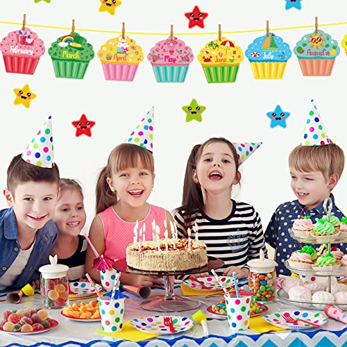 64 Pcs Happy Birthday Bulletin Board Set Bright Cupcake Cut-Outs for Calendars Classroom Decoration