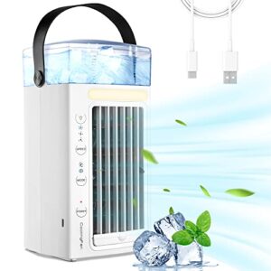 portable air conditioner fan 4 in1— desktop cooling fan with 4 wind speed & 2 spray modes, 7 colors led light & 2-8h timer, 700ml large watertank high-efficiency cooling fan for room office bedroom couch dining table, portable usb power bank notebook powe