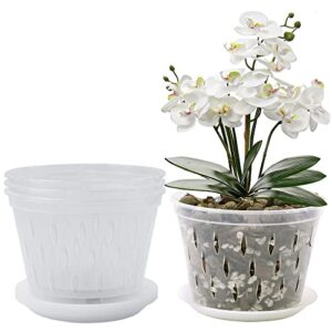 lanccona orchid pot, 8 inch 4 pack orchid pots with holes and saucers, clear plastic orchid pots