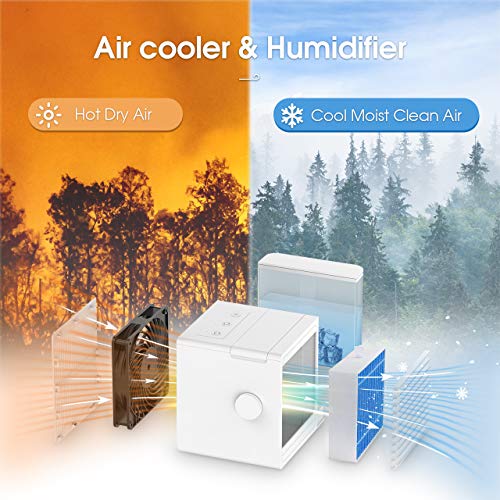 OCROUKI Portable Air Conditioners, Mini Air Conditioner with LED Night Light, Evaporative Air Cooler with 800ML Water Tank, USB Powered Air Cooling Fan for Car, Office, Home and Camping