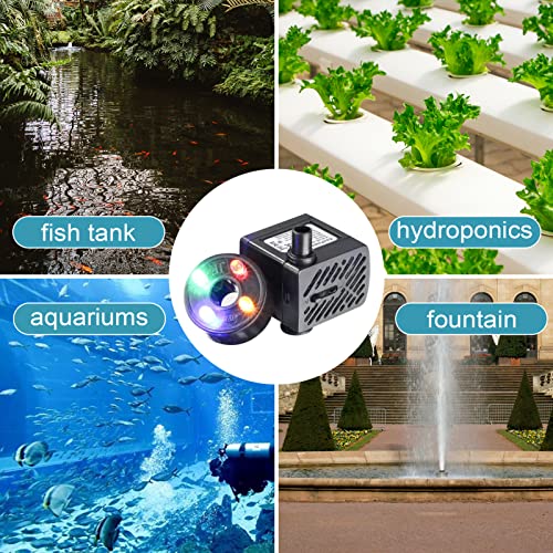 BCORLD Fountain Pump with LED Lights, Quiet Fountain Pump, Adjustable Water flow Fountain Pump，54GPH(200L/H，3W）, Outdoor Pond, Aquarium fish tanks, Home Décor Fountain,1 Nozzles，Power Cord 5ft