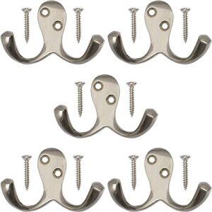 neighbours lane towel hooks for bathroom wall mounted - satin nickel double prong wall hooks for hanging coats, clothes, bags, hats, towels, & more - pack of 5 small-sized hooks