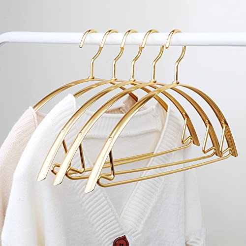 5PCS Clothes Hangers, No Shoulder Bumps Suit Hangers, No Mark Non-Slip Aluminum Alloy T-Shirt Hanger, Space Saving Rounded Hangers for Coat, Sweater, Jackets, Pants (2.0 cm, Gold)