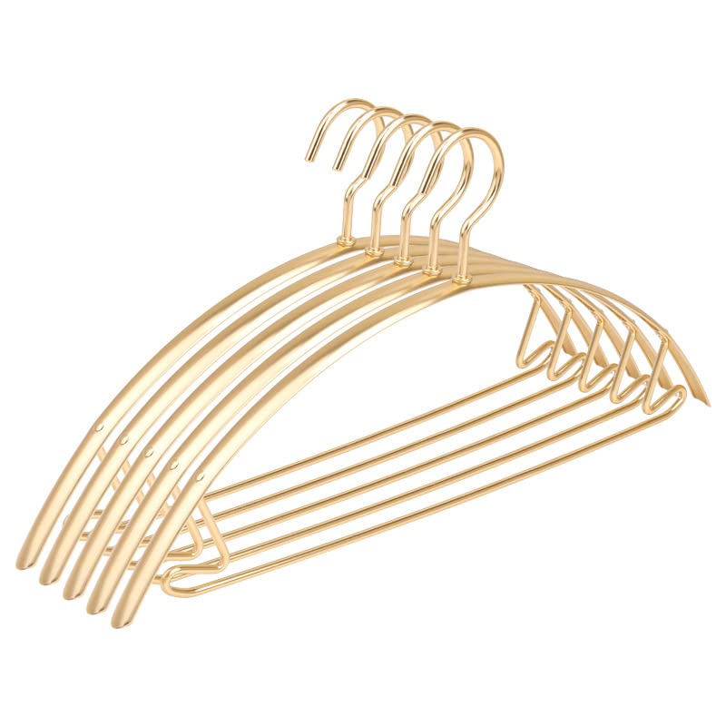 5PCS Clothes Hangers, No Shoulder Bumps Suit Hangers, No Mark Non-Slip Aluminum Alloy T-Shirt Hanger, Space Saving Rounded Hangers for Coat, Sweater, Jackets, Pants (2.0 cm, Gold)