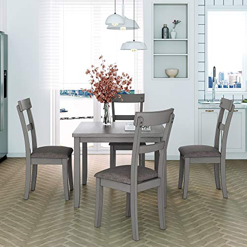 P PURLOVE 5 Piece Farmhouse Style Dining Table Set Rustic Wood Kitchen Table and 4 Chairs for 4 Persons, Wooden Dining Set for Kitchen Dining Room,Gray