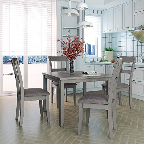 P PURLOVE 5 Piece Farmhouse Style Dining Table Set Rustic Wood Kitchen Table and 4 Chairs for 4 Persons, Wooden Dining Set for Kitchen Dining Room,Gray