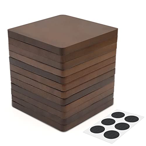 SIJDIEE 4 Inch Wood Drink Coasters, 12 Pack Square Bulk Wooden Coasters with Non-Slip Silicon Dot Stickers for Bar Kitchen Home Dinner Table Decor