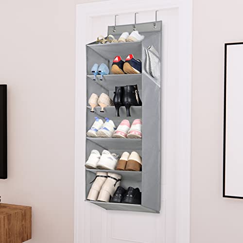 Univivi Over the Door Shoe Organizer Hanging Shoes Rack with 6 Deep Pockets for 12 Pairs, Shoe Hanger Closet Storage for Sneakers, Boots, Grey