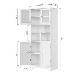 HORSTORS Tall Bathroom Cabinet, Freestanding Storage Cabinet with Glass Doors and Adjustable Shelf, Modern Linen for Bathroom, Living Room, Kitchen, White, 23.6" L x 11.8" D 58" H