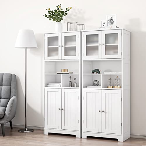 HORSTORS Tall Bathroom Cabinet, Freestanding Storage Cabinet with Glass Doors and Adjustable Shelf, Modern Linen for Bathroom, Living Room, Kitchen, White, 23.6" L x 11.8" D 58" H