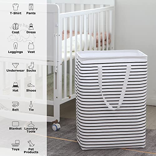 Hinwo 20 Gal / 77L Freestanding Large Laundry Hamper, Collapsible Laundry Storage Basket with Easy Carry Extended Handles for Clothes Toys, 16 x 12 x 24 Inches, Black Stripe