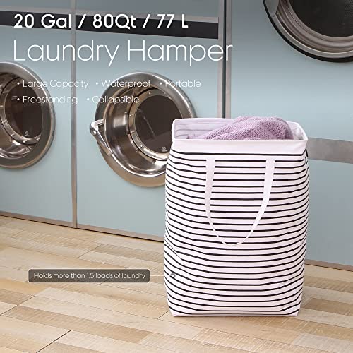 Hinwo 20 Gal / 77L Freestanding Large Laundry Hamper, Collapsible Laundry Storage Basket with Easy Carry Extended Handles for Clothes Toys, 16 x 12 x 24 Inches, Black Stripe