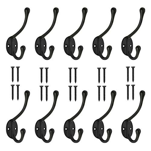 Neighbours Lane 10 Pack Dual Coat Hooks Wall Mounted with Screws Double Hooks Utility Black No Rust Hooks for Coat, Scarf, Bag, Towel, Key, Cap, Cup, Hat, Black Finish Medium