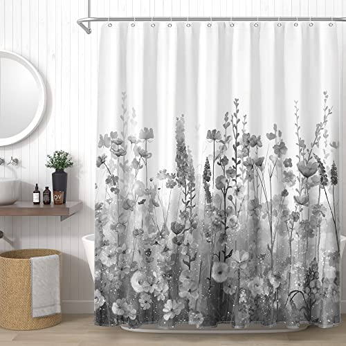 SUMGAR Black and White Shower Curtain with Grey Flower, Wildflower Floral Fabric Shower Curtains Set for Farmhouse Rustic Bathroom with Hooks, 72x72 Inches