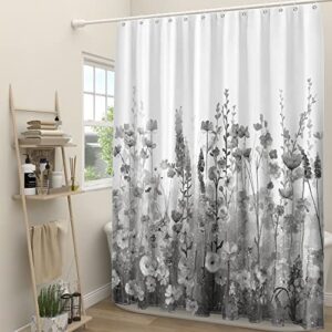 SUMGAR Black and White Shower Curtain with Grey Flower, Wildflower Floral Fabric Shower Curtains Set for Farmhouse Rustic Bathroom with Hooks, 72x72 Inches