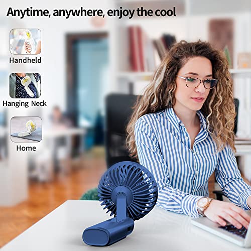 TUNISE Portable Handheld Fan, Neck Fan, 4000mAh Desk Fan, 180° Adjustable, 6 Speed Wind, Display Electricity in Real Time, USB Rechargeable Foldable Fan, Quiet Personal Fan with Power Bank Blue