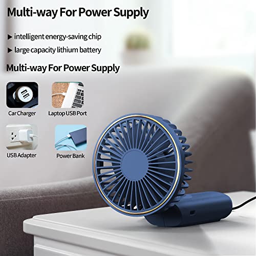 TUNISE Portable Handheld Fan, Neck Fan, 4000mAh Desk Fan, 180° Adjustable, 6 Speed Wind, Display Electricity in Real Time, USB Rechargeable Foldable Fan, Quiet Personal Fan with Power Bank Blue